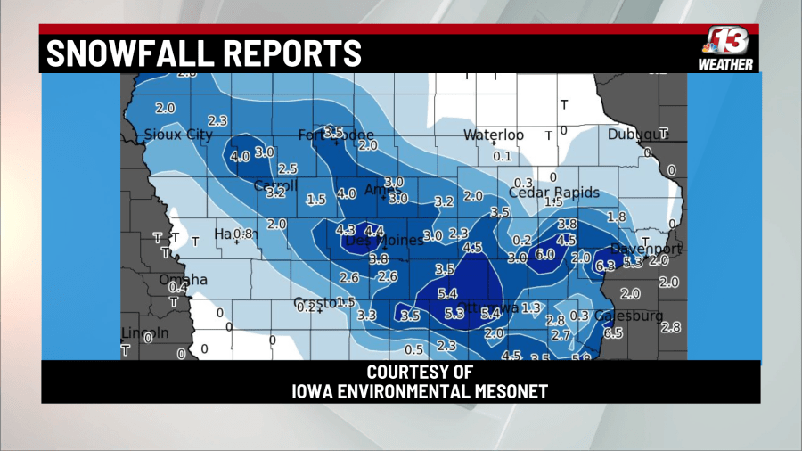 How much snow fell across Iowa Saturday, when will it melt