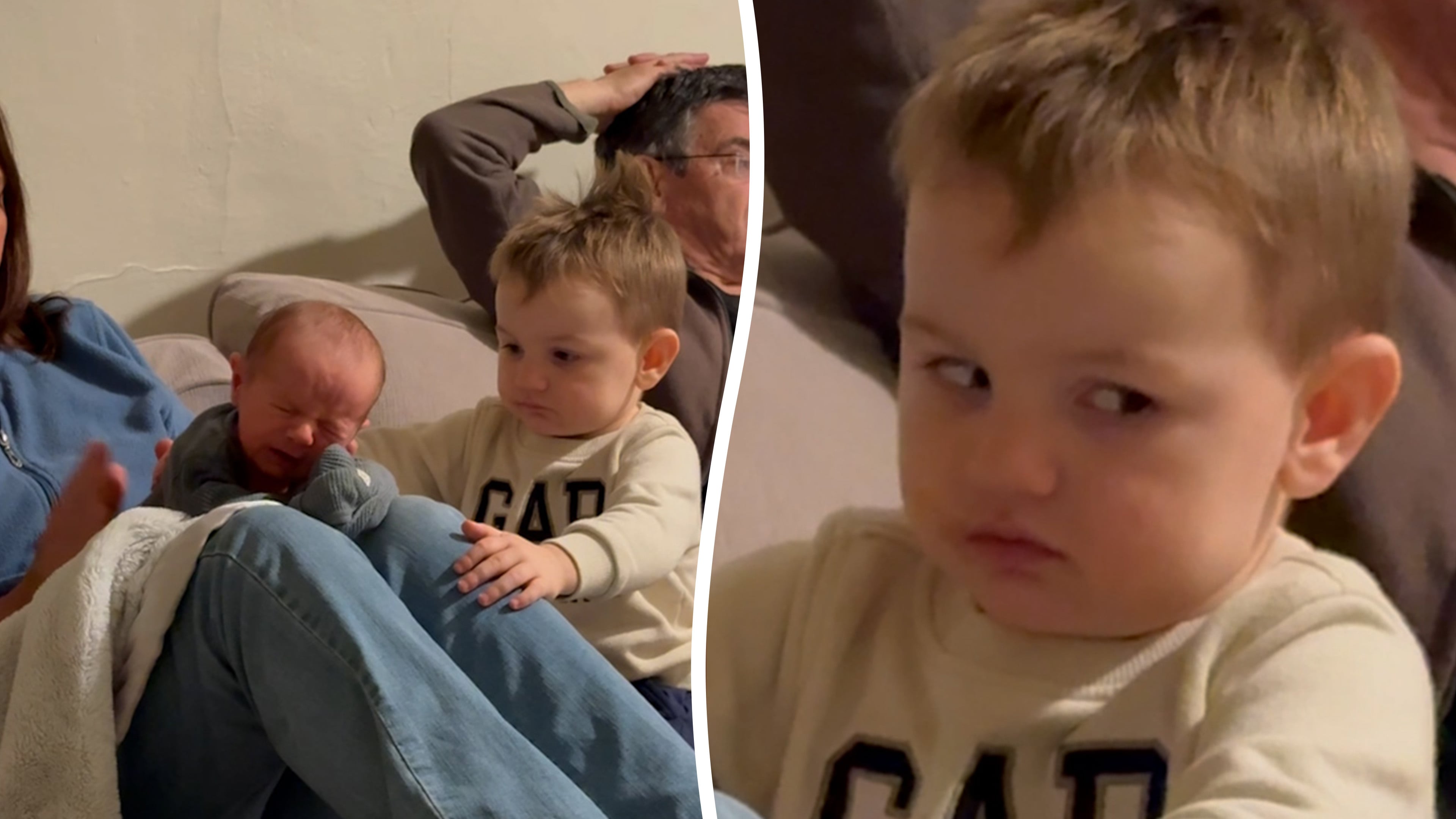 Tot gives sassy side eye while 'intensely' burping new-born brother