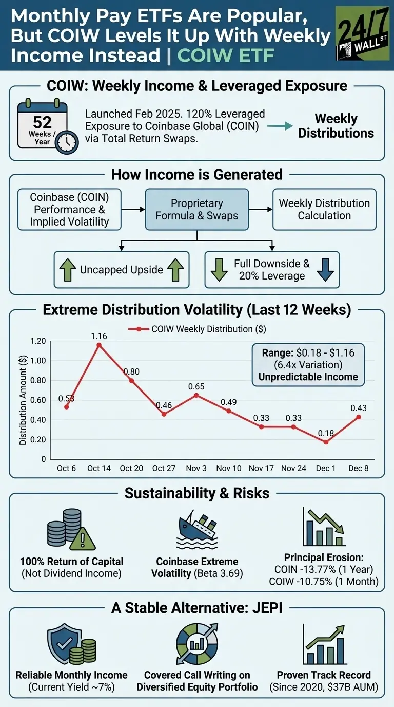 Weekly dividend ETF COIW pays 52 times per year but 100% return of ...