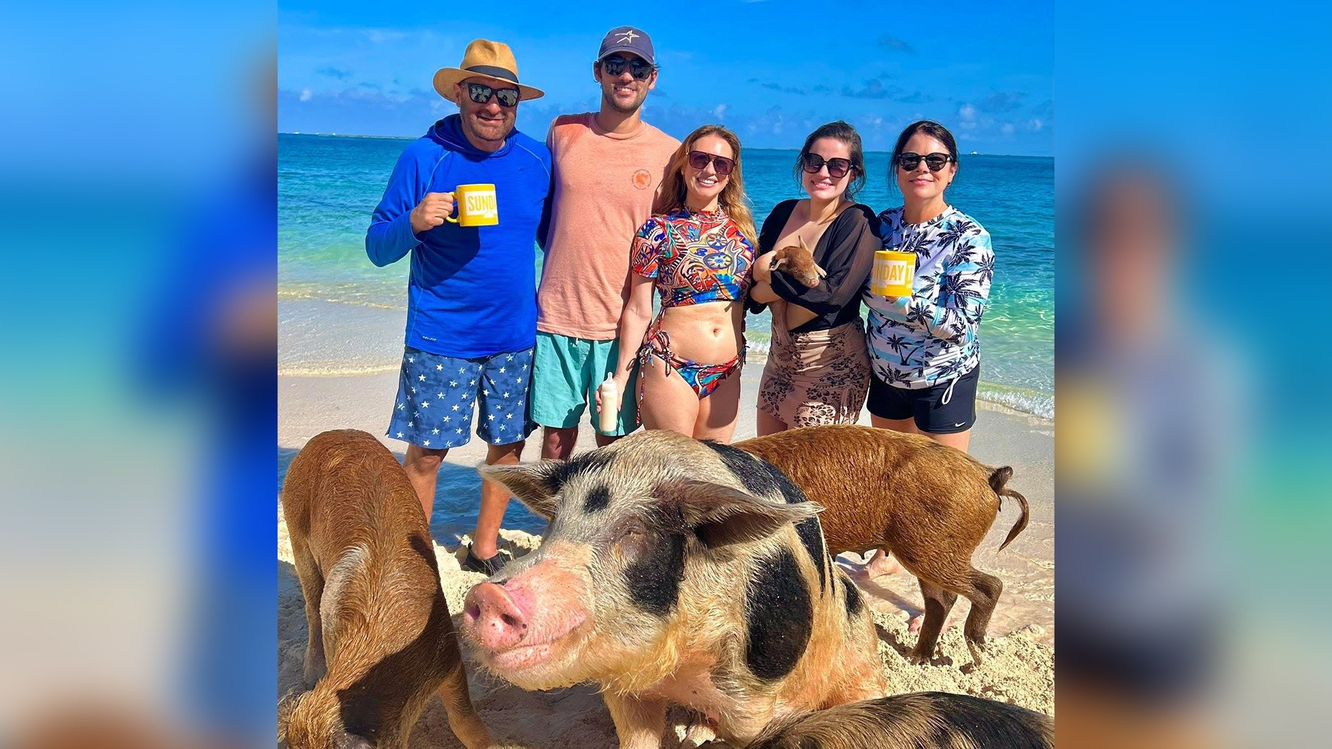 Fans snap Sunday mug shot with pigs in the Bahamas