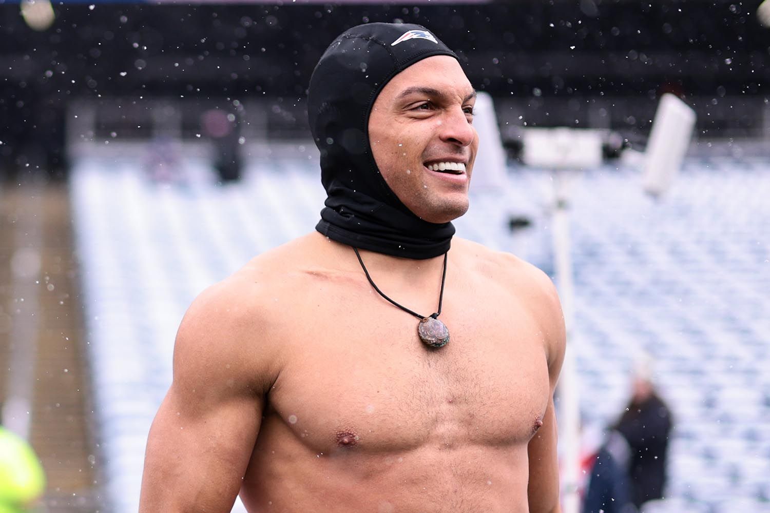 New England Patriots’ Mack Hollins enters stadium shirtless and ...