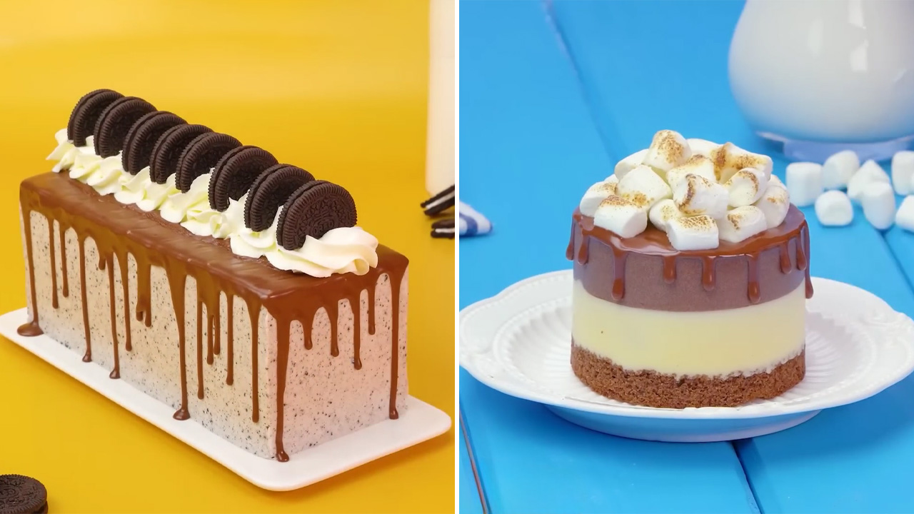Chocolade drip oreo cake en gelaagd dessert met marshmallows