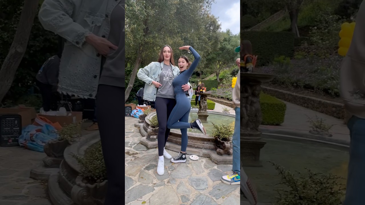 Hello from above stunt with tall model Rachel