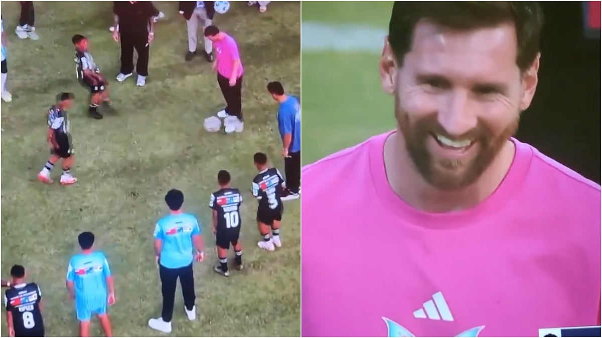 Lionel Messi smiles after missing a pass from young boy during GOAT ...