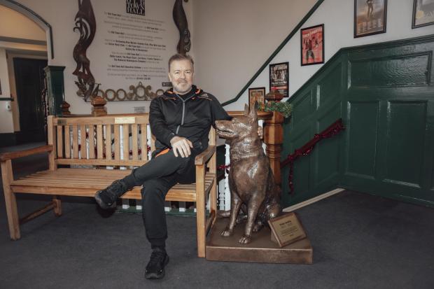 Ricky Gervais unveils After Life dog tribute statue in Hemel