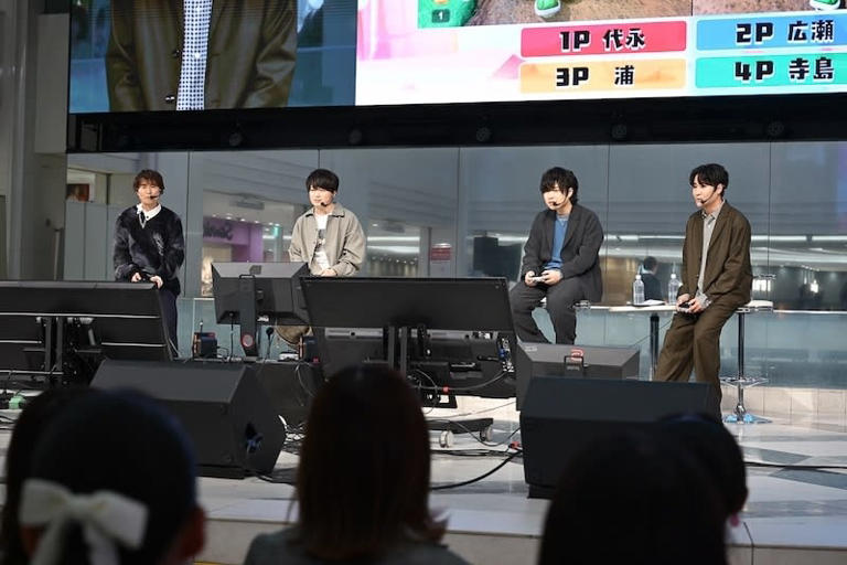 Voice actors Tsubasa Yonaga, Yuya Hirose, Kazuki Ura, and Junta Terashima battle in "Mario Kart ...