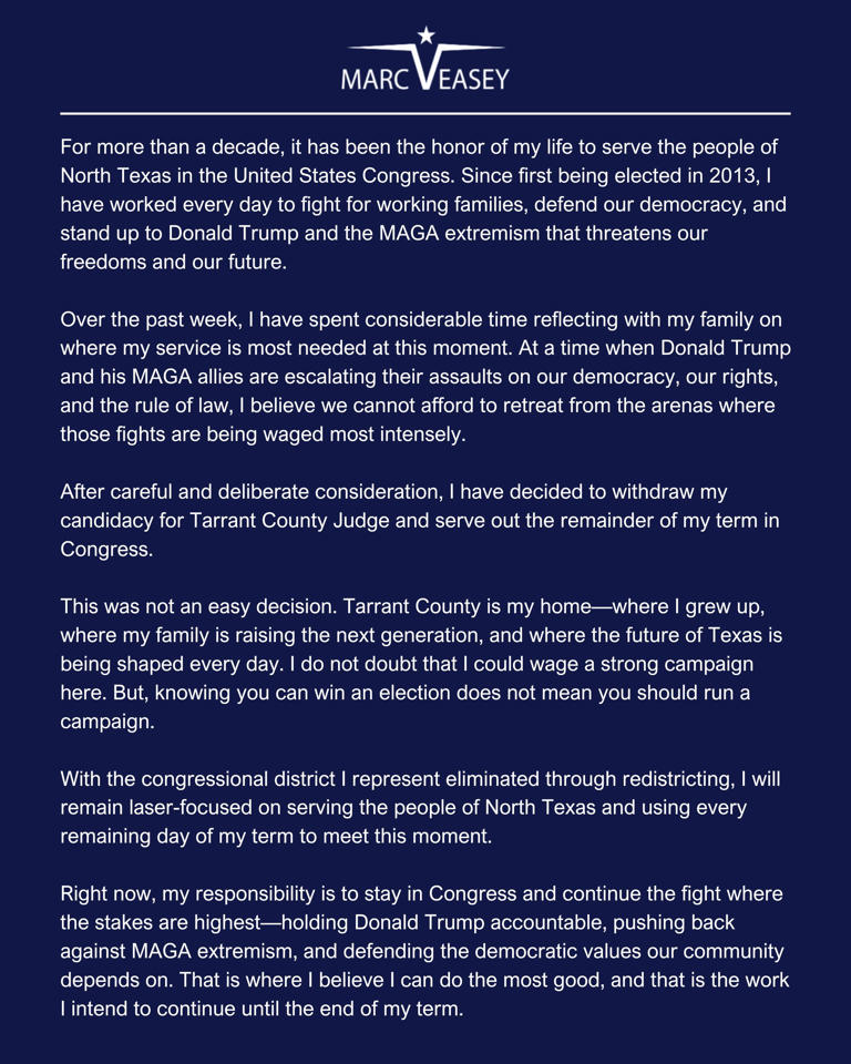 Rep. Marc Veasey drops out of Tarrant County judge race after one week