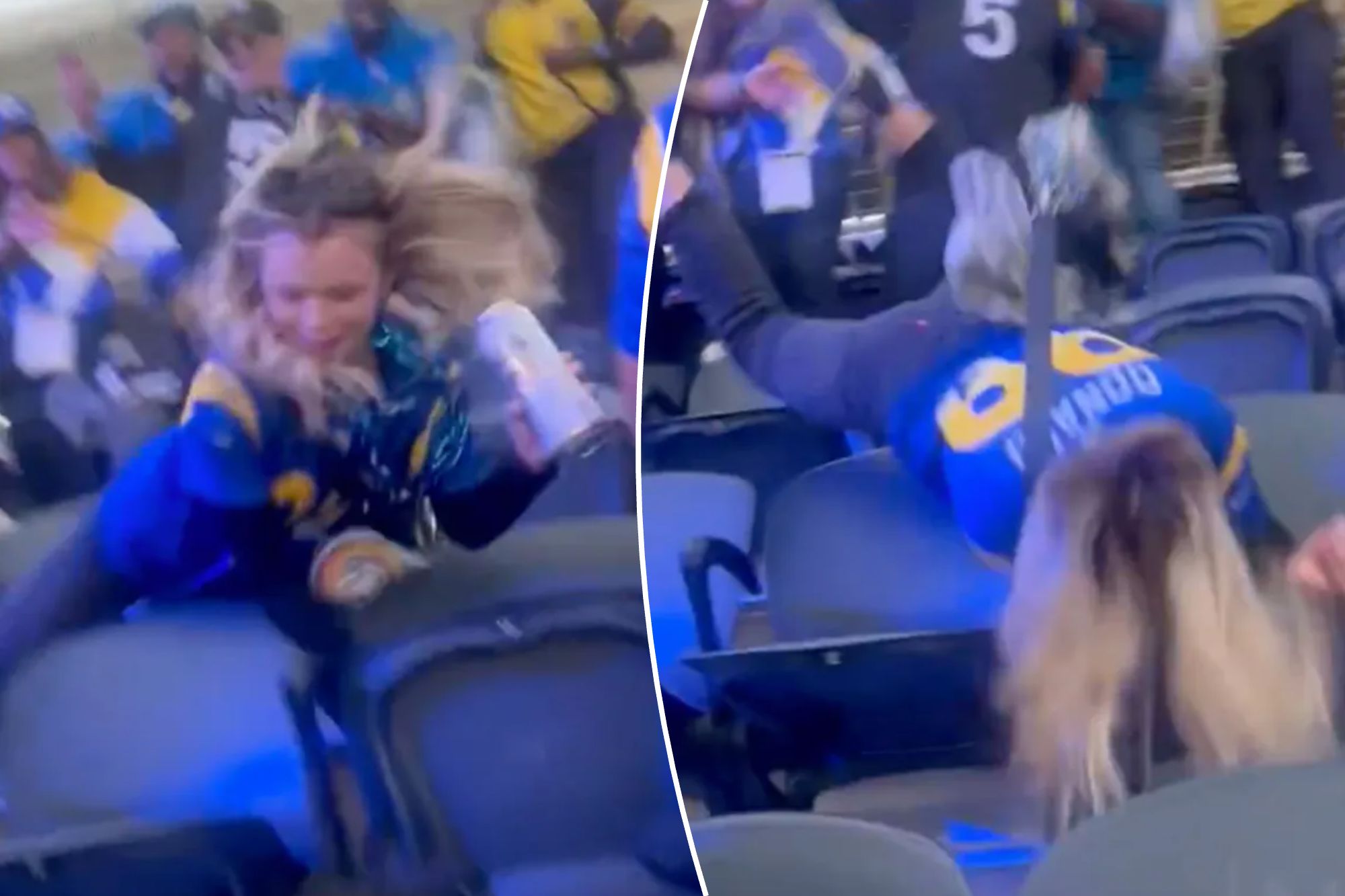 Rams fan tumbles down several rows after trying to kick spectator in ...