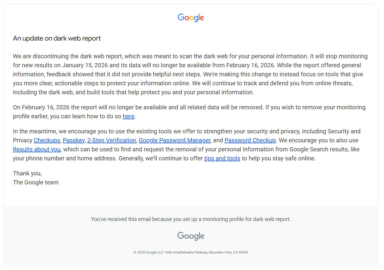 Google's dark web report gets the guillotine in early 2026