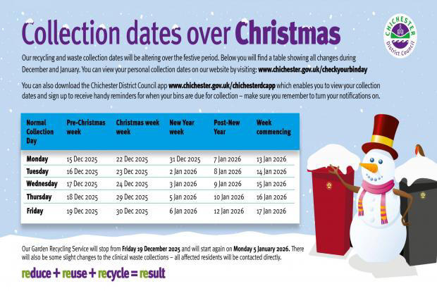 Chichester's waste collection dates altered over Christmas period