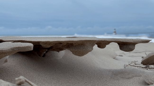 Sand frozen into gravity-defying shapes during cold weather