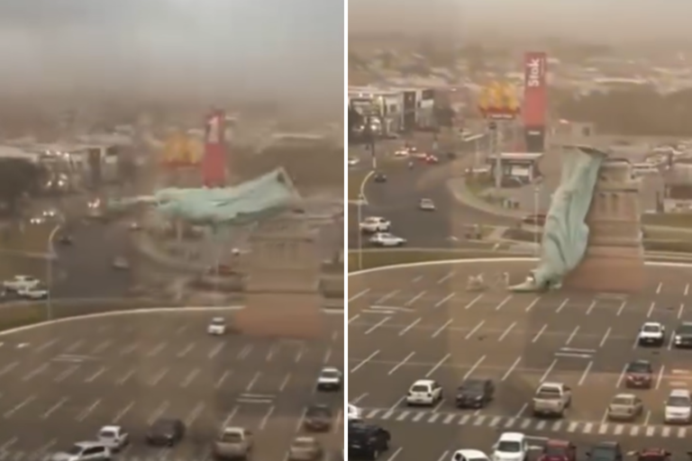 Watch shocking moment 115ft Statue of Liberty replica topples during storm