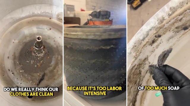 Repairman breaks open washing machine to show negative effects of ...
