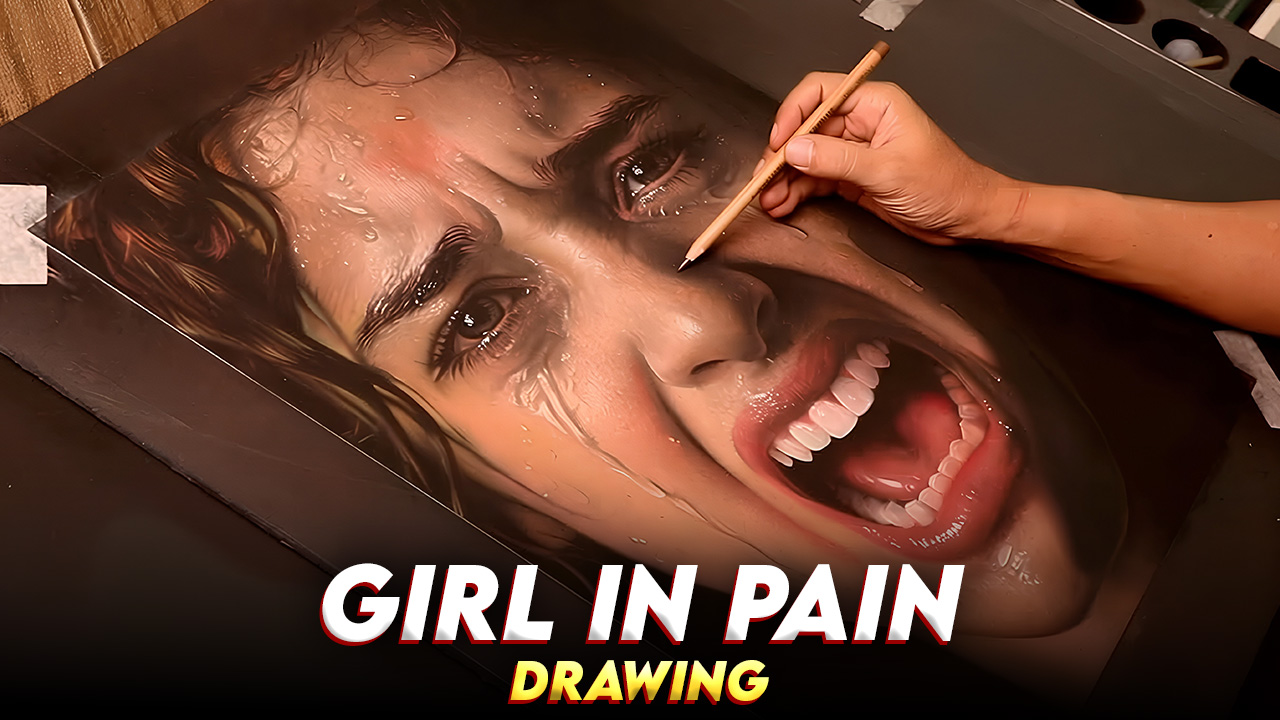 Intense realistic drawing showing a girl in emotional pain