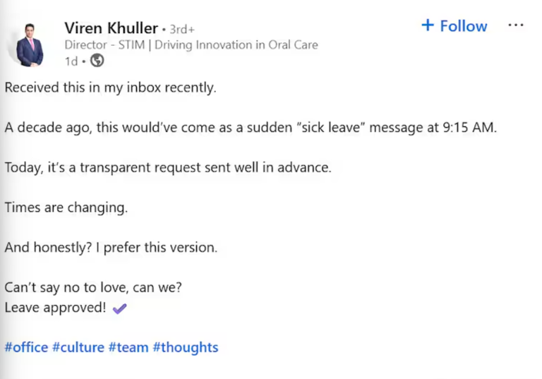 Honesty wins! Manager approves employee's leave request to spend time ...