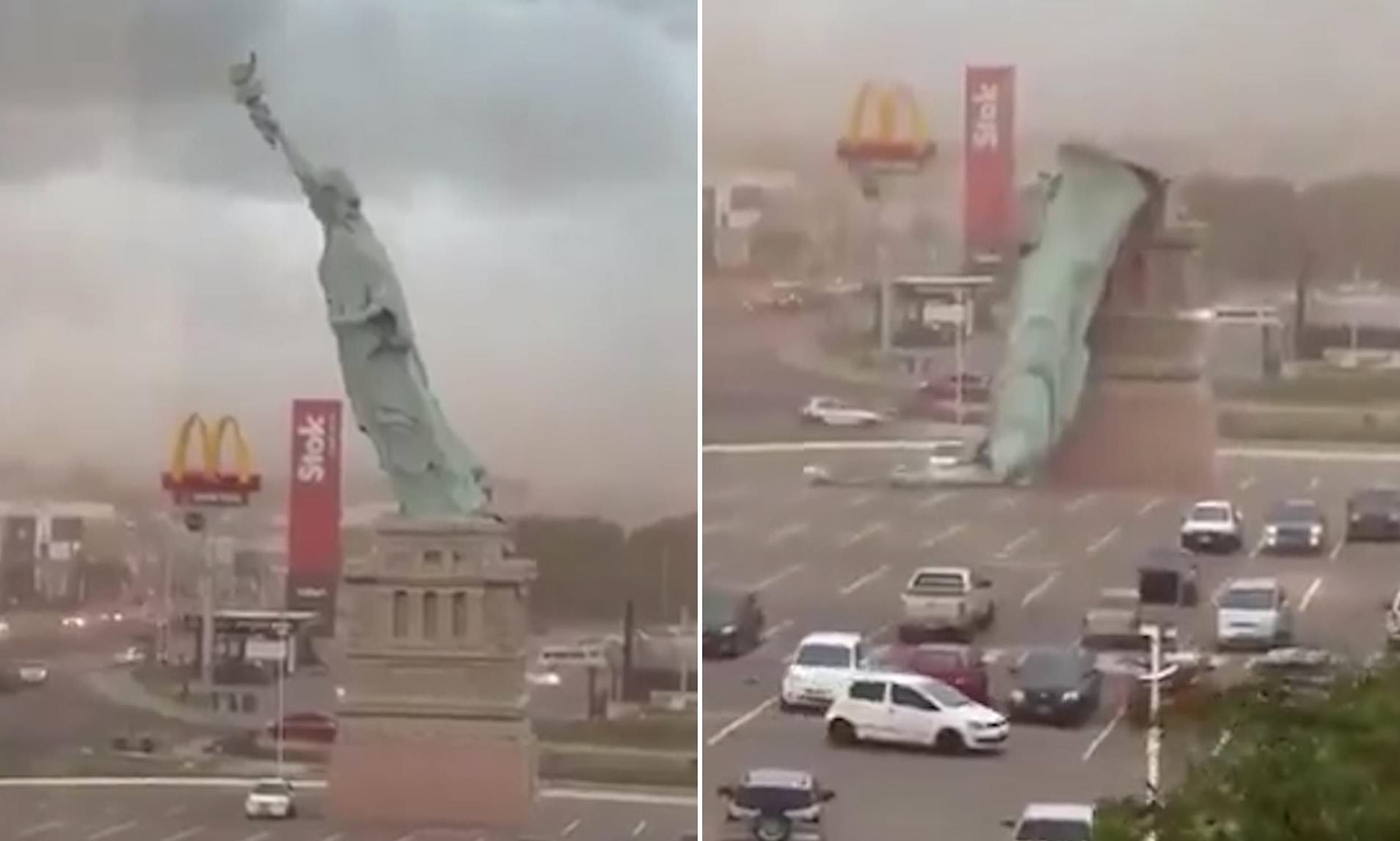 Lady Liberty is down! 110ft Statue of Liberty replica is destroyed as ...