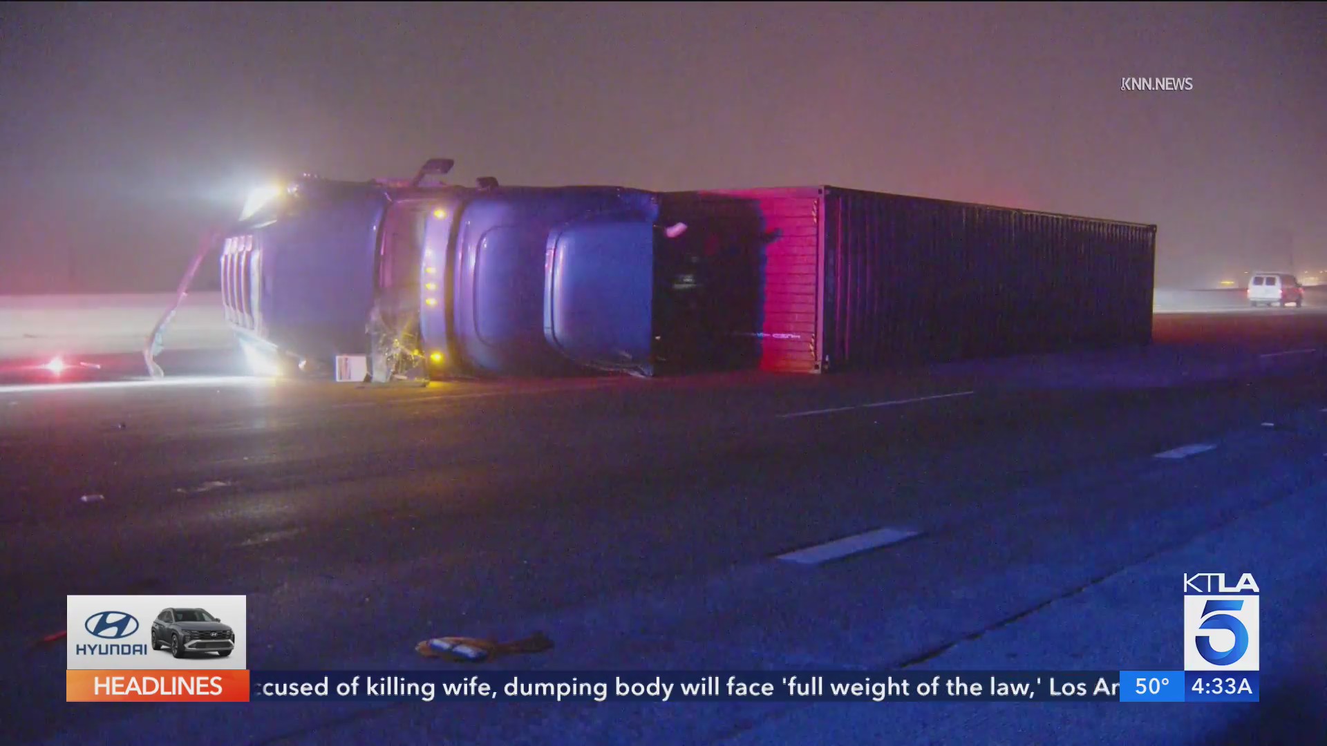 Overturned big rig blocks lanes on 91 Freeway through Anaheim