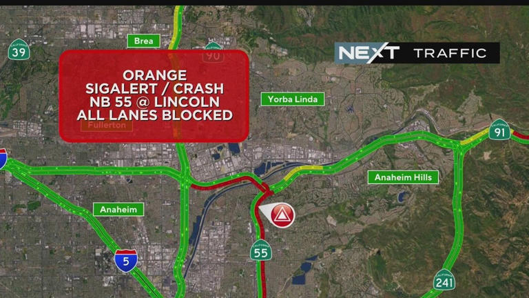 All lanes of northbound 55 Freeway in Orange closed after crash