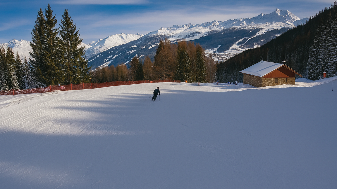Skiing a long run in La Plagne Les Arcs