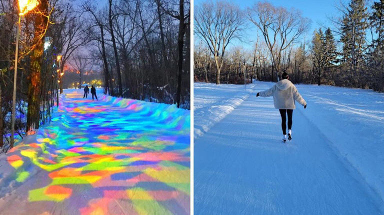 This magical ice-skating trail in Alberta winds through trees under a ...