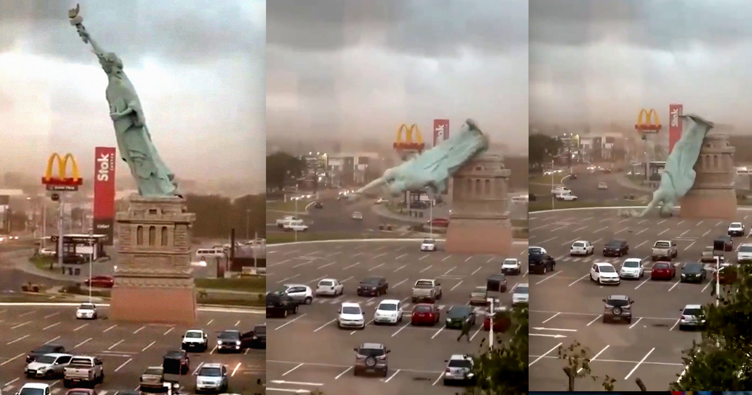 Replica statue of liberty topples in urban hellscape