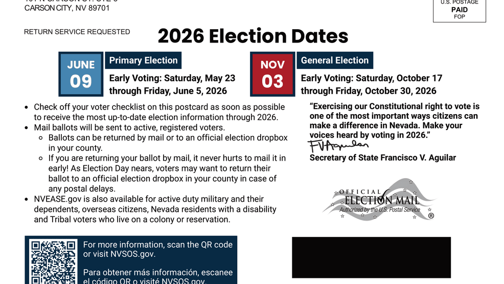 Nevada sends voter checklist postcards ahead of 2026 election cycle