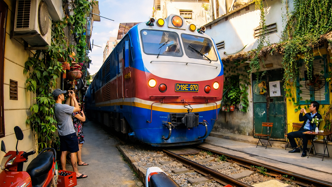 Watching a train squeeze through Hanoi Train Street