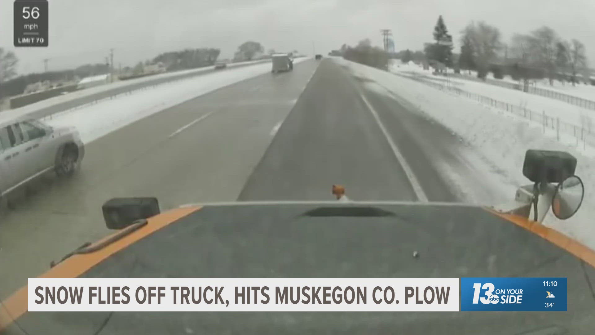 Snow flies off truck, hits Muskegon plow truck