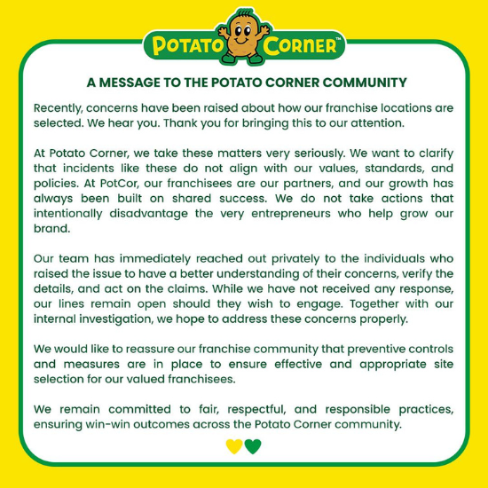 Potato Corner speaks up on franchise allegations: 'Incidents like these ...
