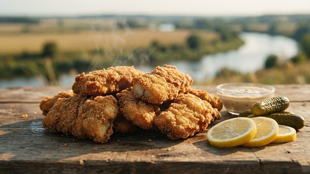 KFC style sturgeon crispy fish feast in the countryside