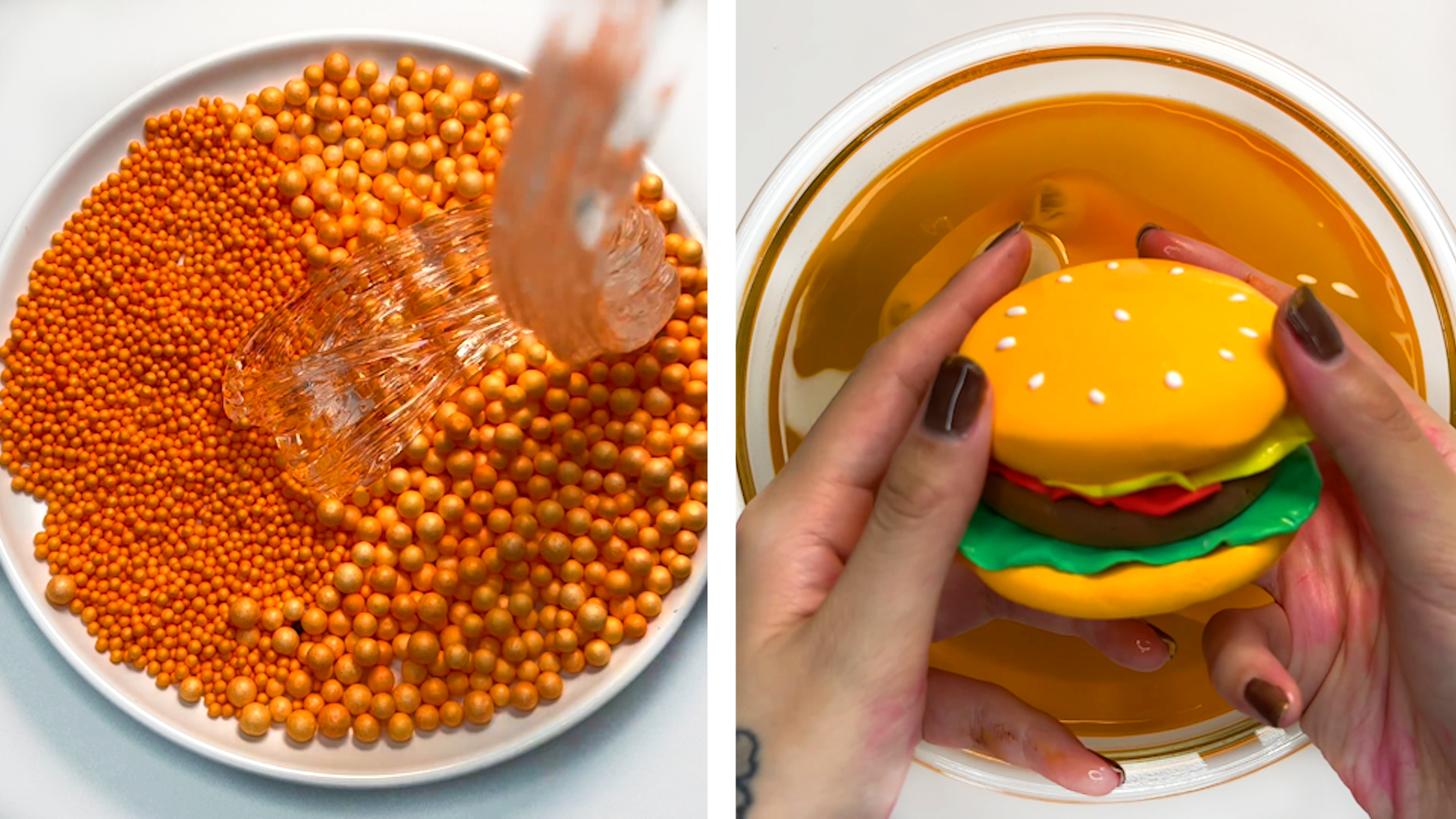 Slime transparente vertido sobre bolitas naranjas