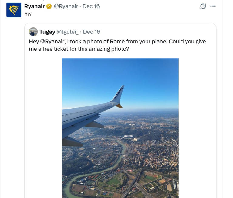 Ryanair's brutally honest reply to passenger's free ticket request is ...