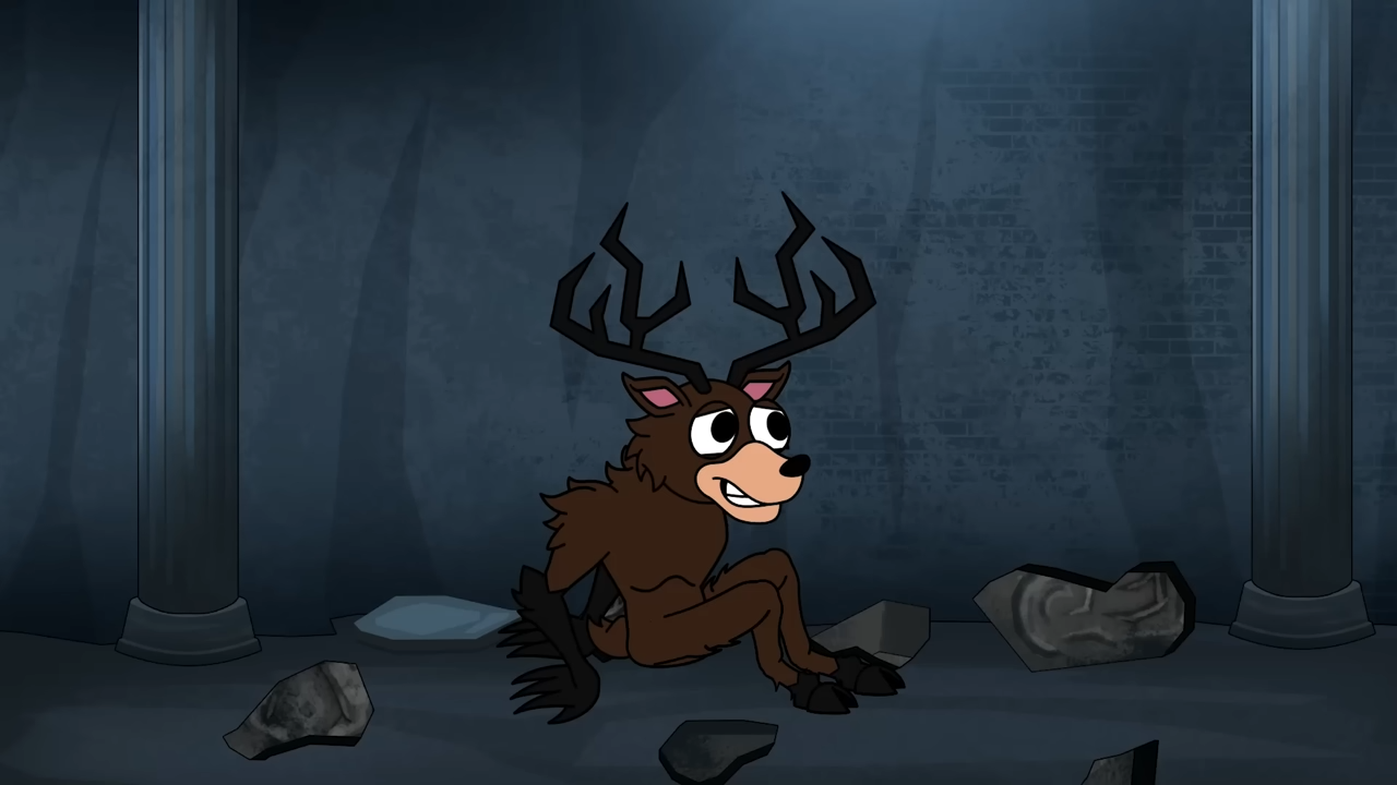 Cartoon deer monster faces a buried alive nightmare