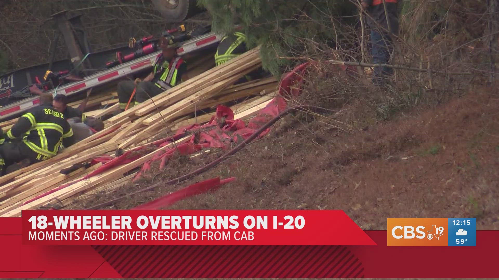 18-wheeler driver freed after 2-hour rescue on I-20 near Lindale