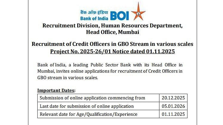 Bank of India announces credit officer recruitment 2025–26 for 514 ...