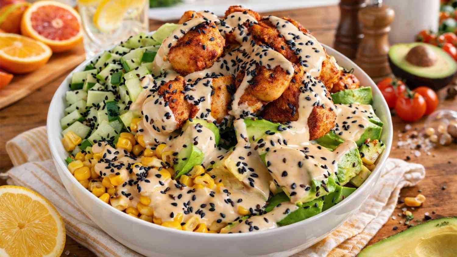 Avocado krokante kip power bowl, een fit vibe