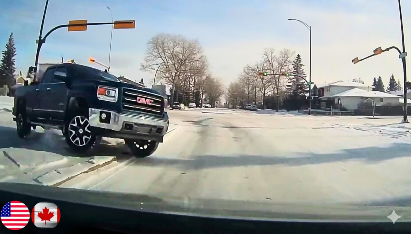 Car slides out of control on a snowy road