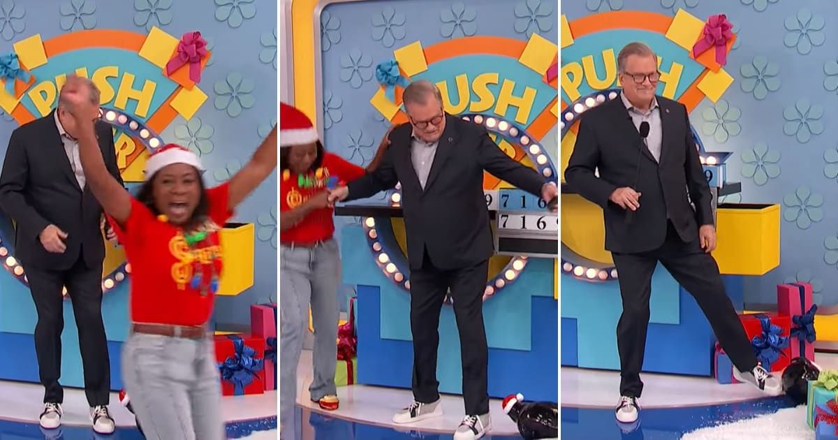 'Price Is Right' host Drew Carey breaks a set prop while celebrating a ...