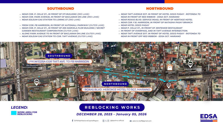 List: What sections of EDSA will be rehabilitated from Dec. 28 to Jan. 5?