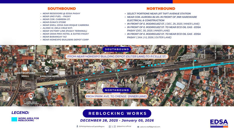 List: What sections of EDSA will be rehabilitated from Dec. 28 to Jan. 5?
