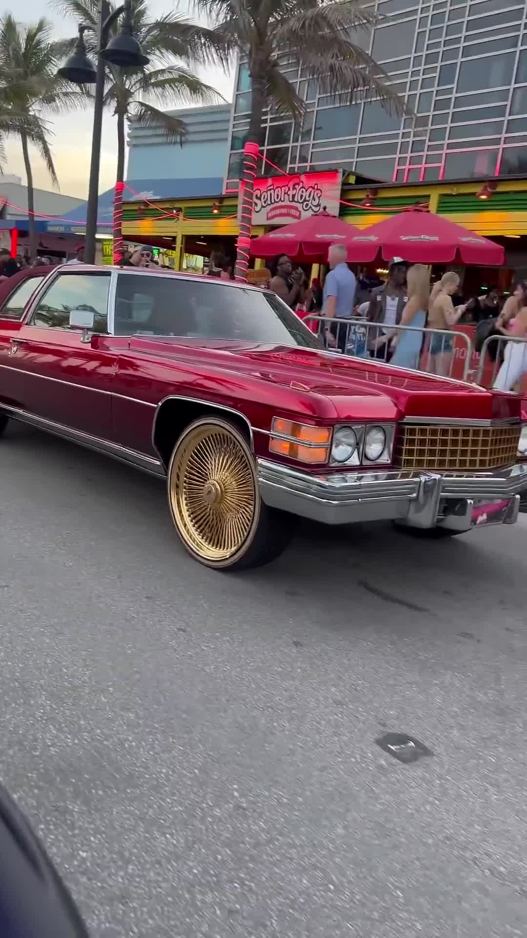 Candy red Cadillac on gold 24’s Daytons riding on the beach
