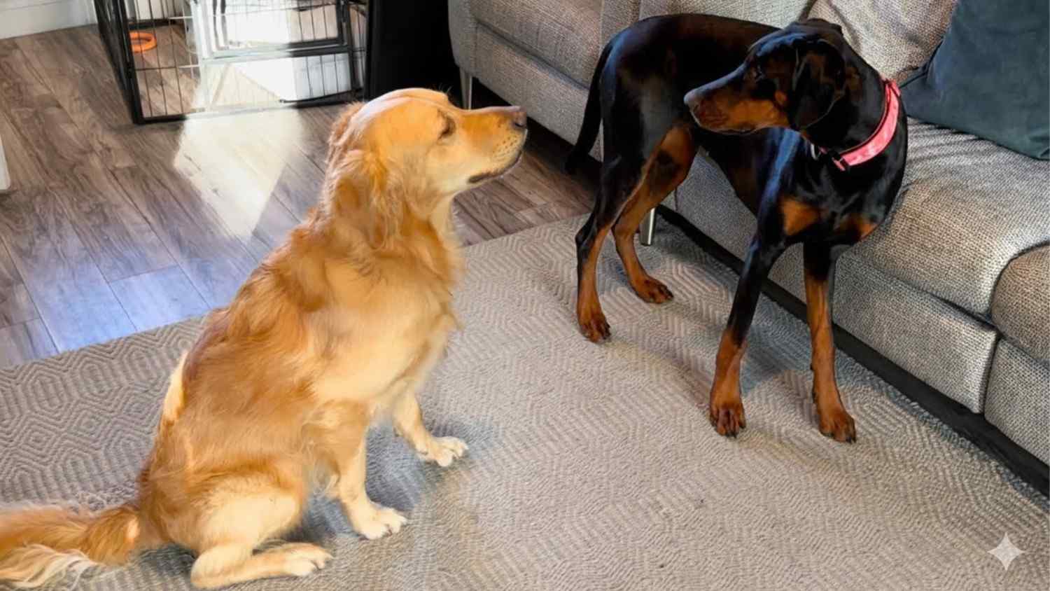 Golden retriever tries to mate with Doberman