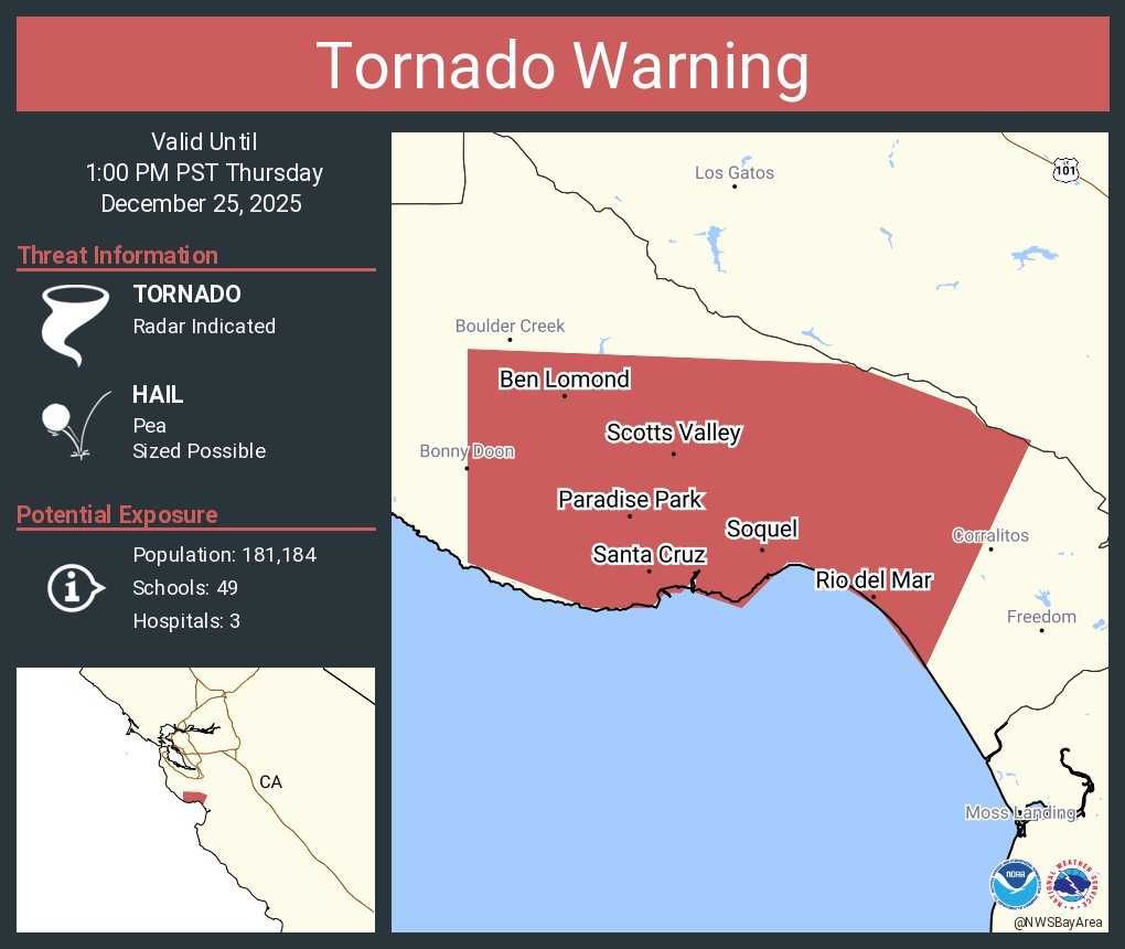 Tornado warning issued for Santa Cruz County as severe storm moves north