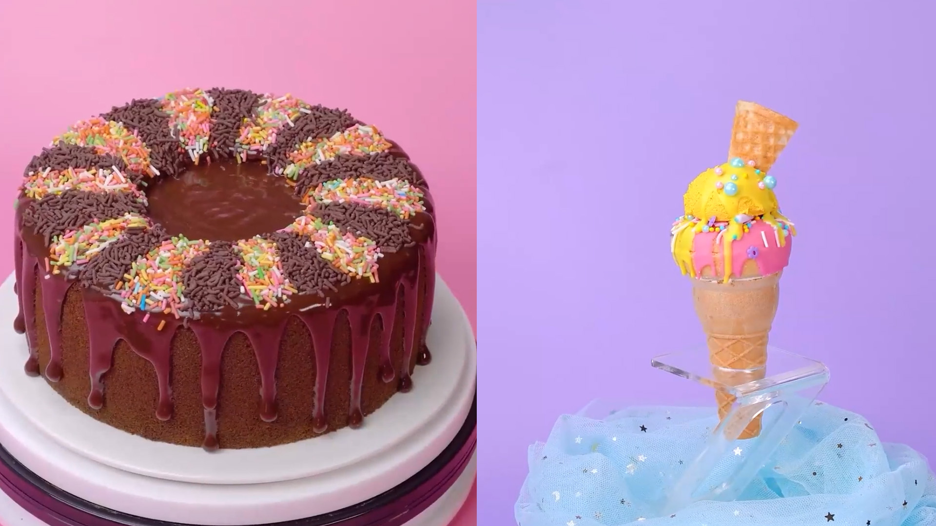 Simple chocolate cake and playful ice cream dessert