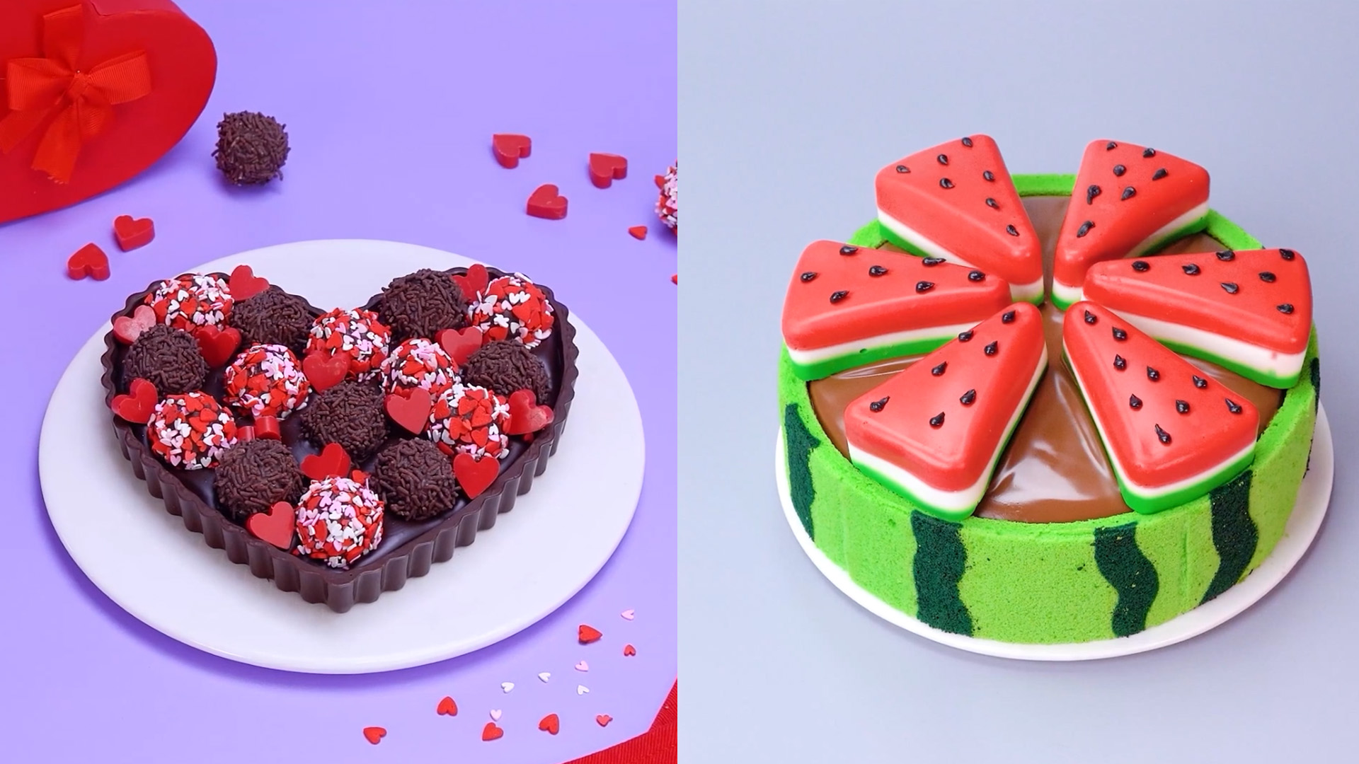 A sweet contrast: heart chocolate cake and watermelon cake