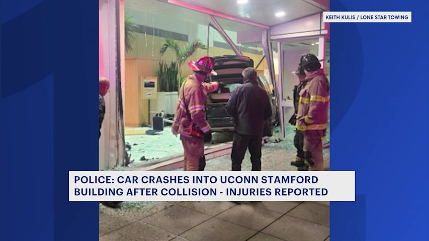 Car crashes into Stamford UConn building