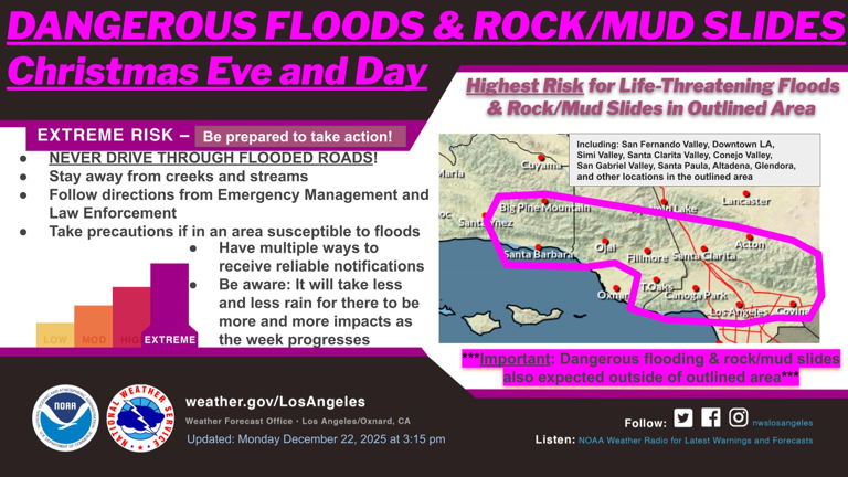 2 dead, flash flood warnings issued as SoCal faces wettest Christmas in ...