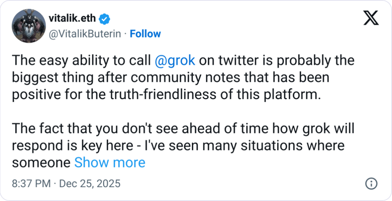 Vitalik says Grok arguably a 'net improvement' to X despite flaws