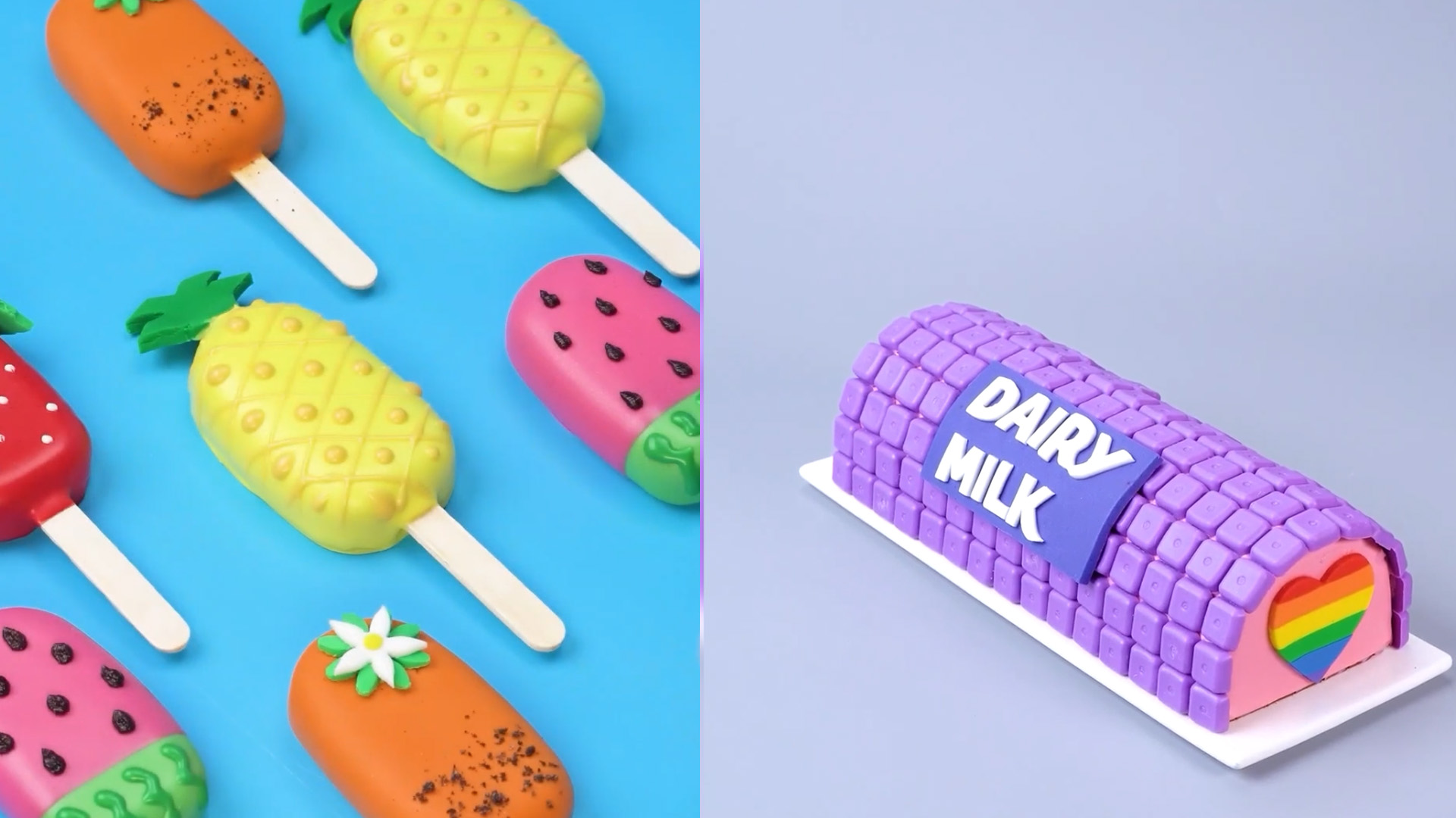 Colorful ice cream bars and a chocolate block cake