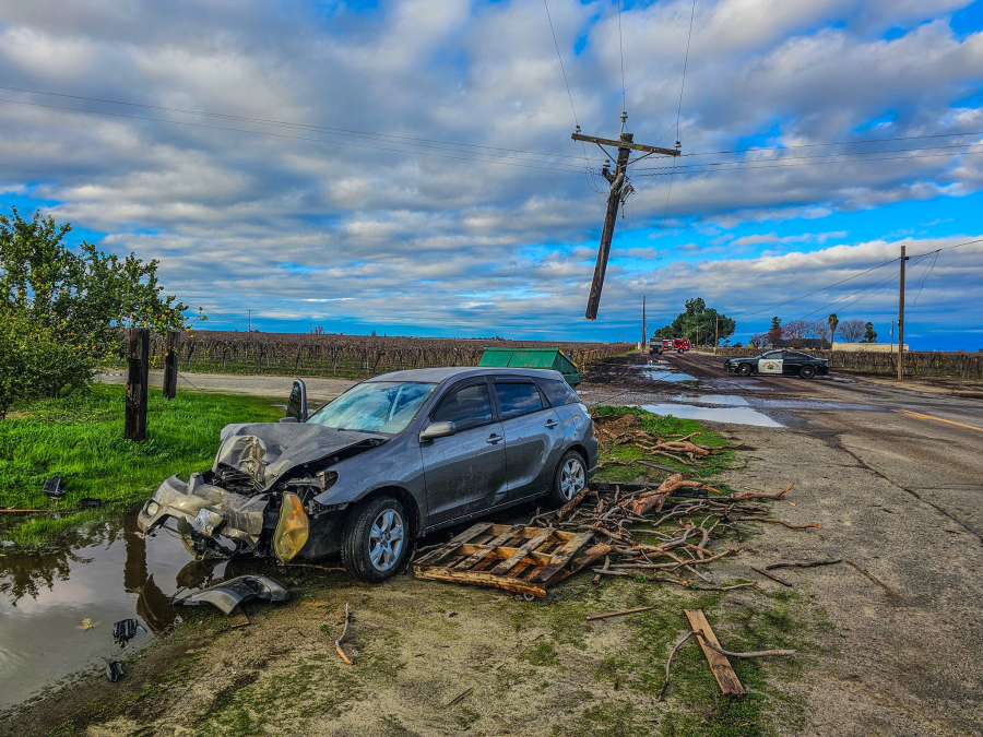 Fresno County crash leaves power pole dangling mid-air